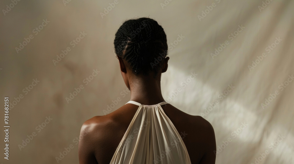 In a minimalist studio setting a black woman stands with her back to ...