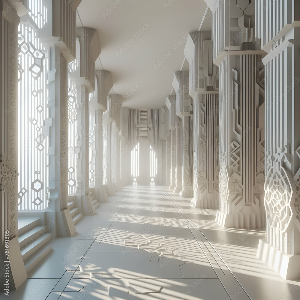 Futuristic Surreal Empty White Corridor with Ornate Classical Building ...