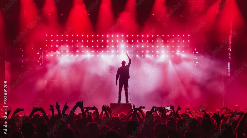 A figure stands atop a stage illuminated by bright lights and ... A figure stands atop a stage illuminated by bright lights and ...