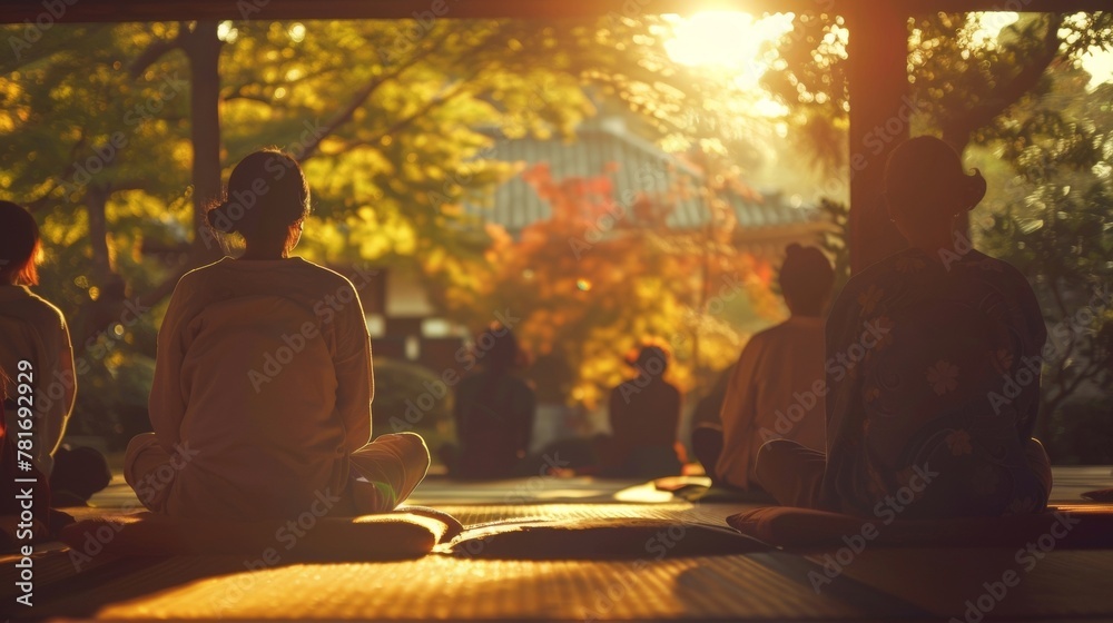 In the foreground a group of people sit on tatami mats backs to the ...