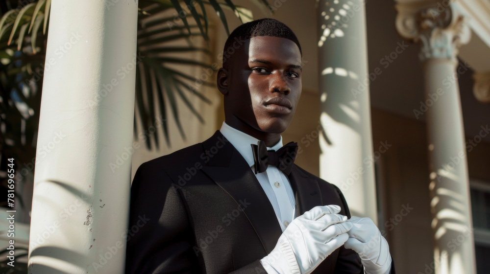 A dapper Black man poses confidently adorned in a tailored suit and ...