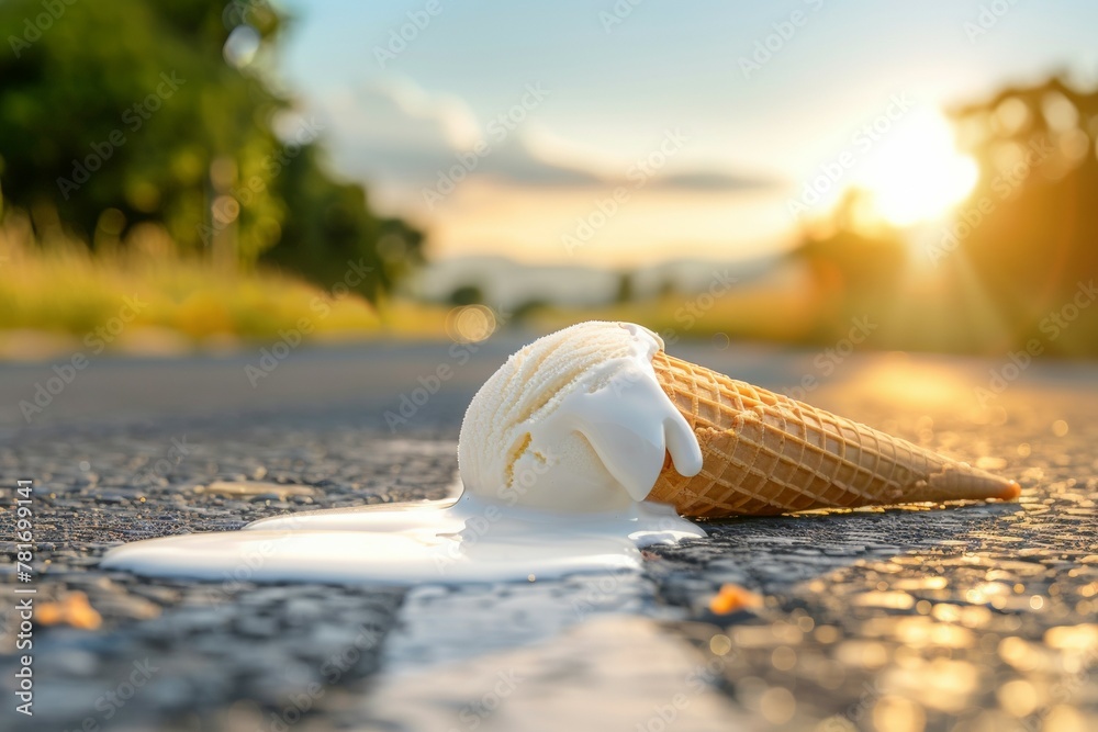 Fallen ice cream on the road. Ice cream melts on the asphalt. Heat ...