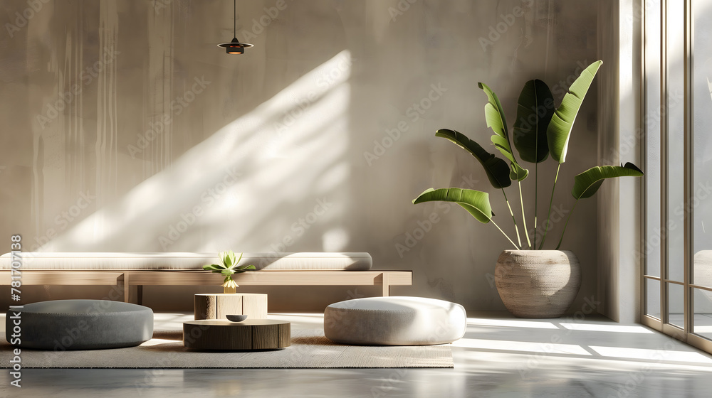 Modern minimalist interior design, soft beige walls, large windows, and ...