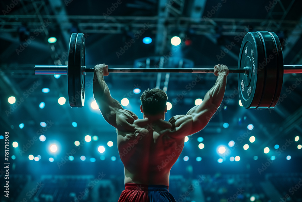 Weightlifter performing barbell raised high during competition in ...