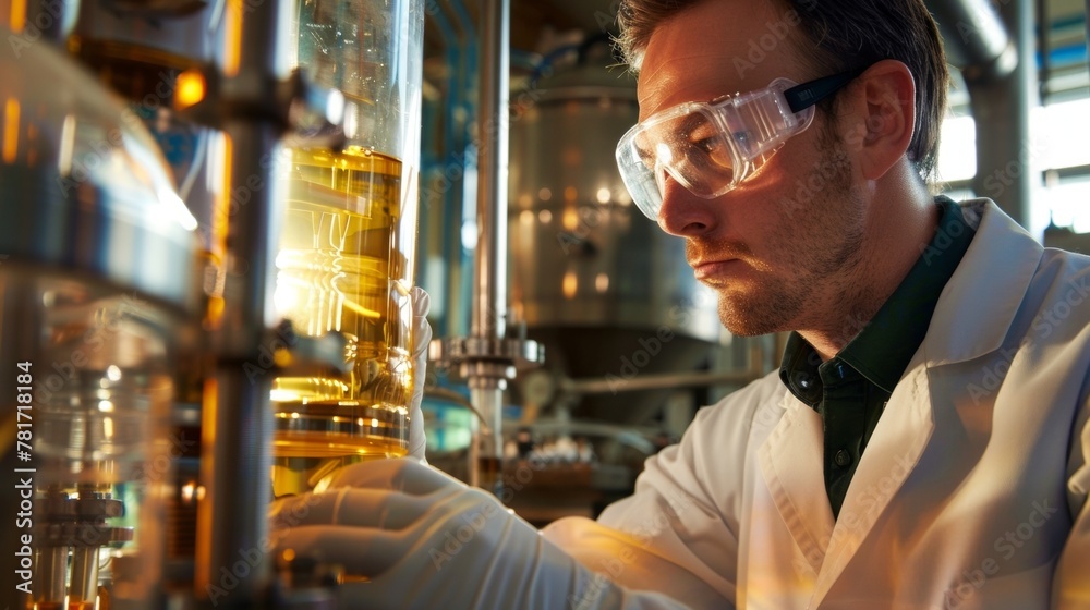 A scientist wearing a lab coat and safety goggles examining a sample of ...
