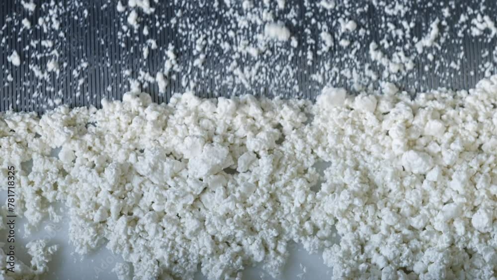 Soft White Curds Of Cottage Cheese On Automated Conveyor Machine Of ...