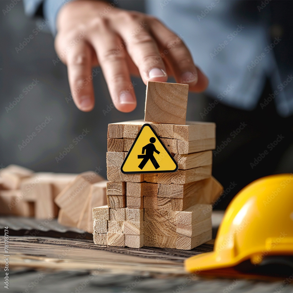 hand complete wooden cube block , safety first and hands, for work ...