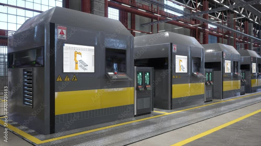 Rows of machines with control panels and touchscreens in automated ...
