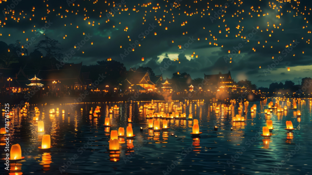 In the dark night, hundreds of floating lanterns float on the water ...