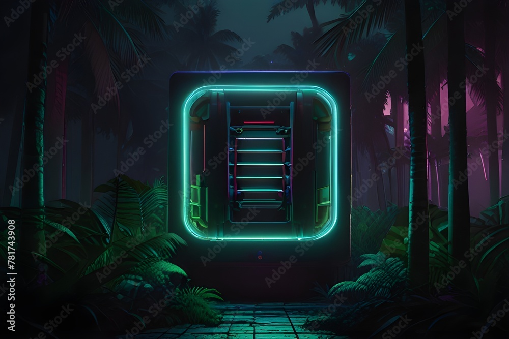 Neon glowing green airlock hatch surrounded by tropical trees. 3D ...