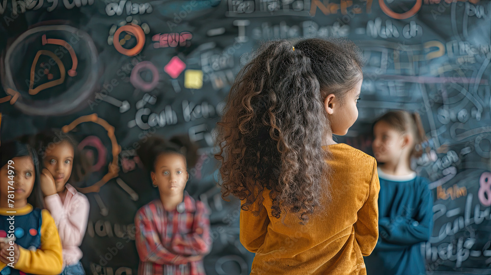 Back view of multicultural student writing prompt at board while ...