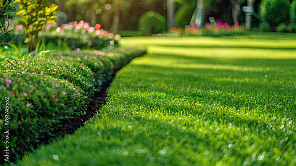 Beautiful manicured lawn and flowerbed with deciduous shrubs on plot or ...