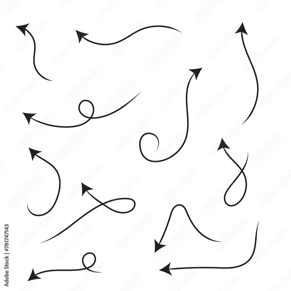 Arrow vector. Curly arrows. Vector wavy arrows. Pointy arrows with ...
