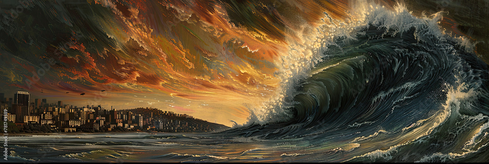 the powerful surge of a tidal wave, its massive form looming over a ...