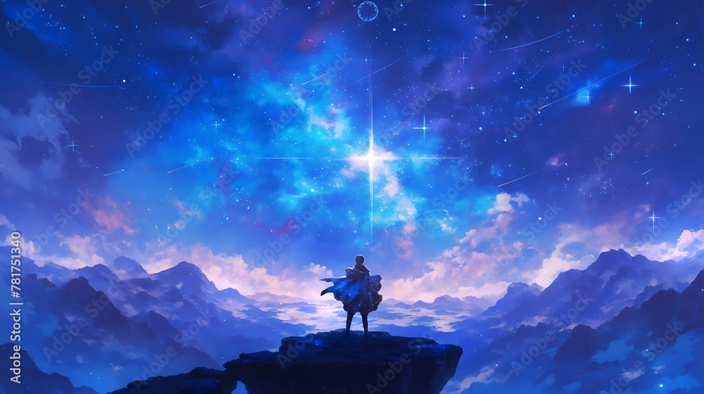 A photo of a man standing on a cliff at night, looking up at the Milky ...