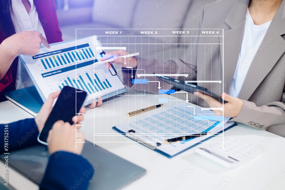 Project manager working and update tasks with milestones progress ...