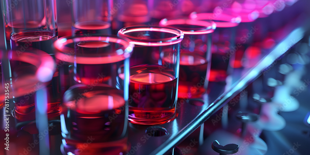 glass beakers filled with chemicals in a scientific research lab ...