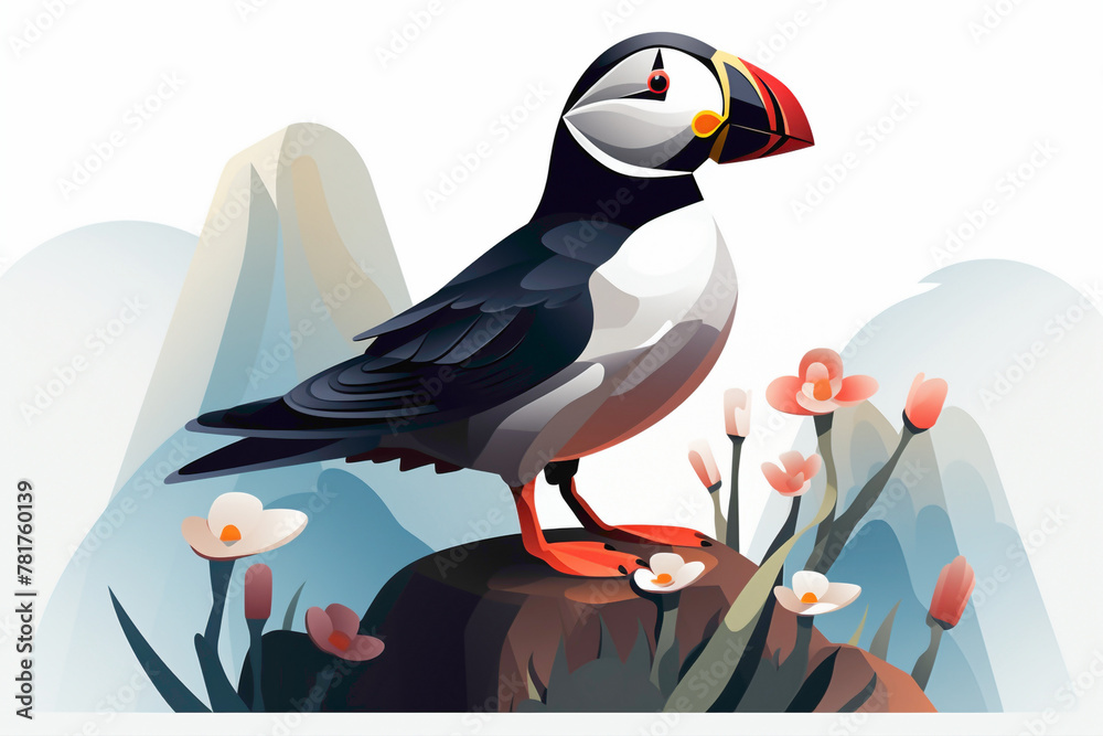 ภาพประกอบสต็อก Whimsical puffin emblem, with its distinctive markings ...
