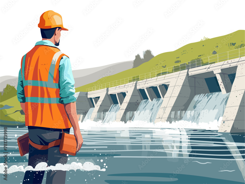 Vetor de Water Management Specialist Overseeing Flood Control Dam ...