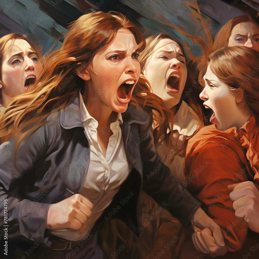 Protest women shouting slogans in drawn style opposes racial or gender ...