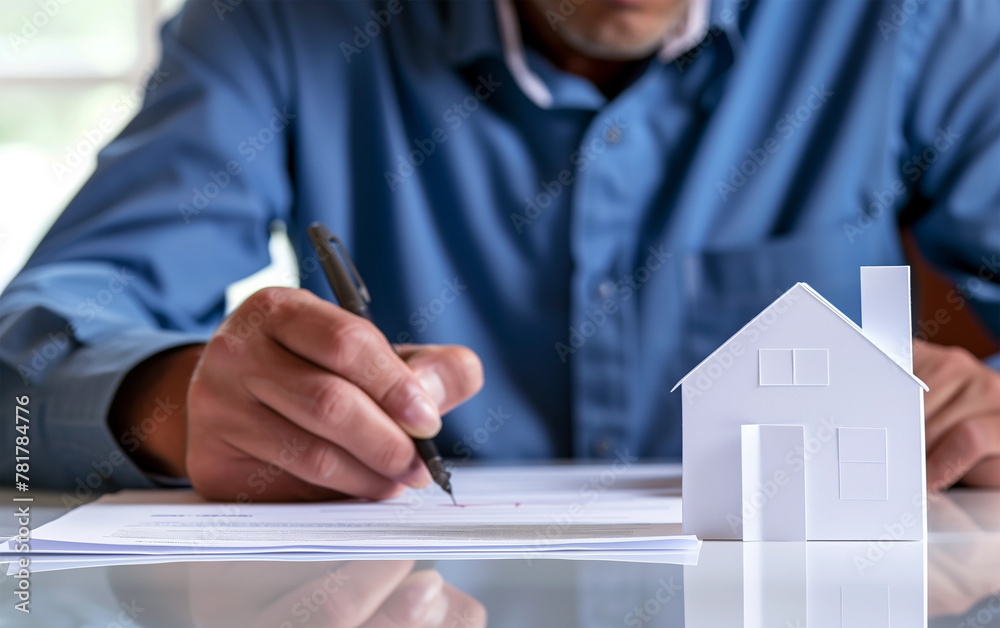 Cardboard house on table as man completes paperwork - mortgage ...
