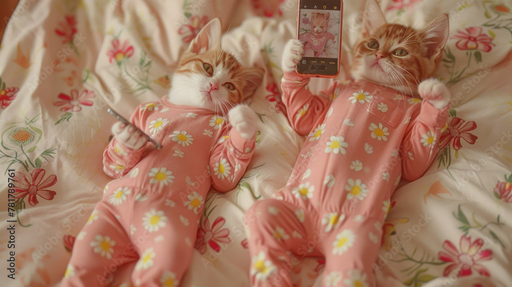 Two cats in pink pajamas are holding a cell phone. The cats are posing ...