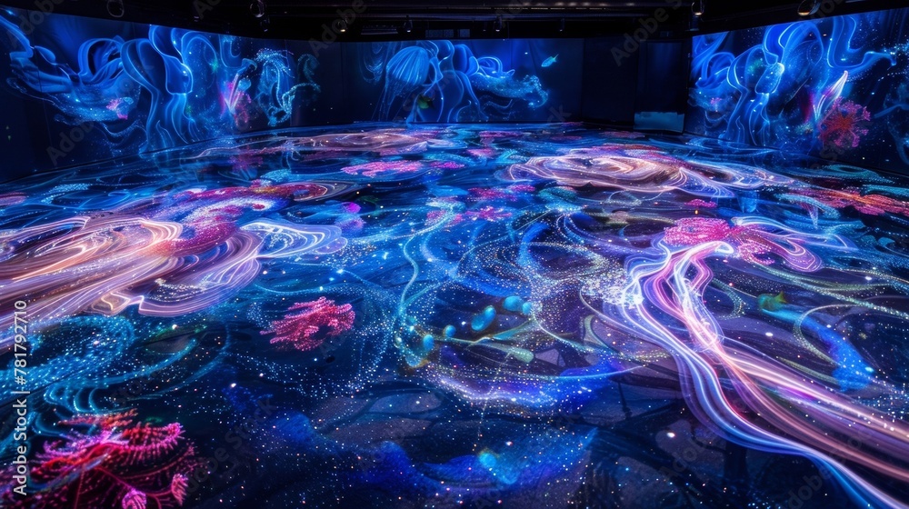 Swirls of swirling sea creatures and schools of glittering fish dance ...