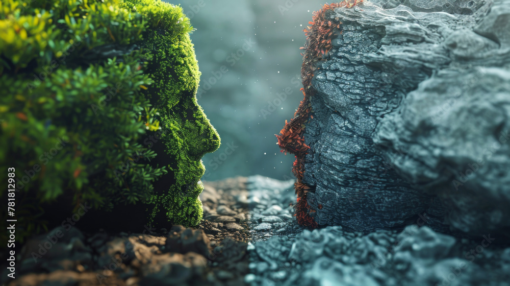 A striking rock formation covered with moss creates a natural sculpture ...