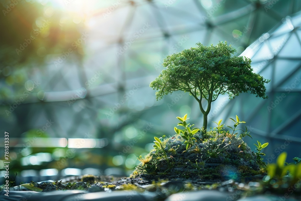 Sustainable living symbolized by a single tree in a biodome Stock ...