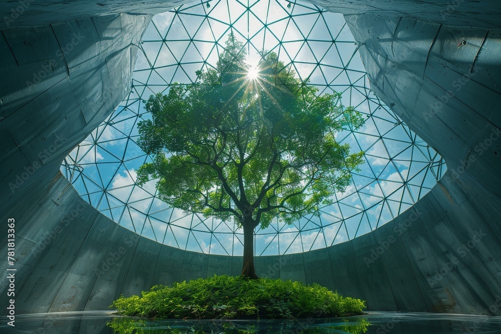 Sustainable living symbolized by a single tree in a biodome Stock ...