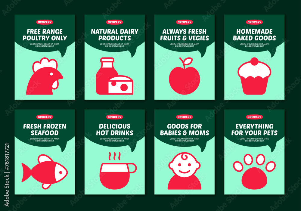 Vector grocery icon poster set. Flyer design of chicken, fruit, dairy ...