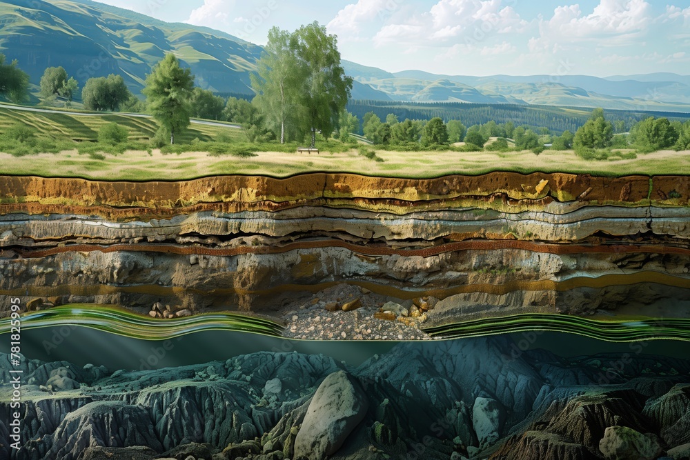 Schematic abstract cut geological structure of earth layers groundwater ...