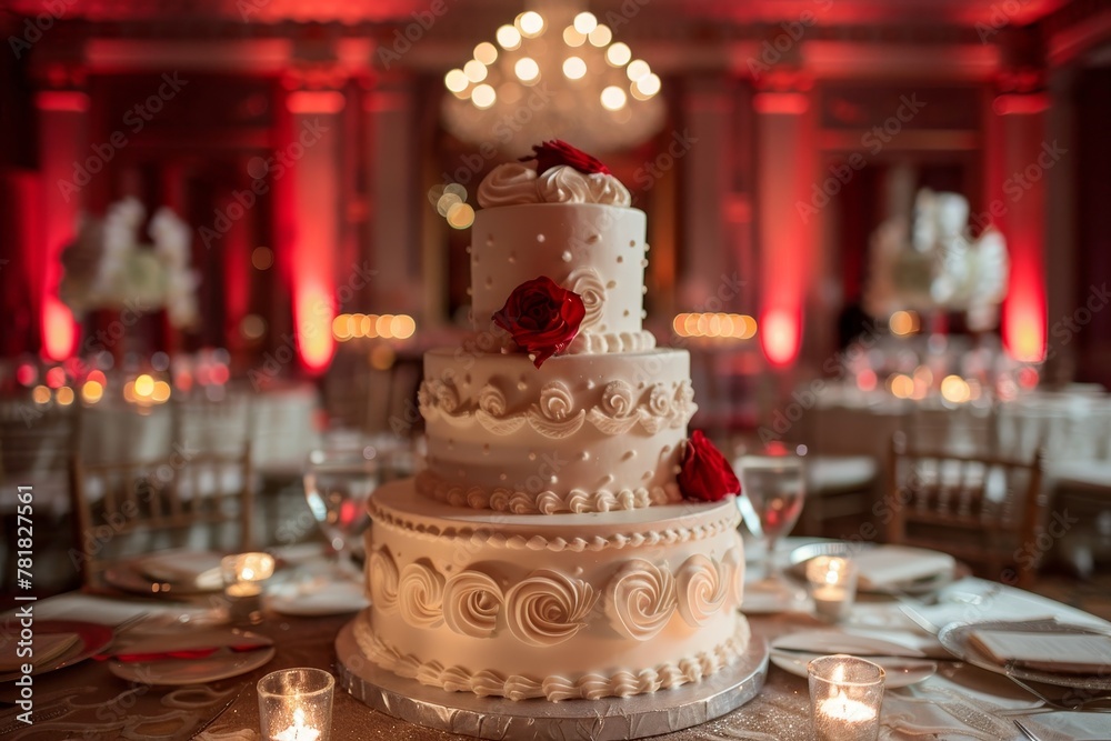 Grand ballroom venue hosts a classic, white buttercream cake with ...