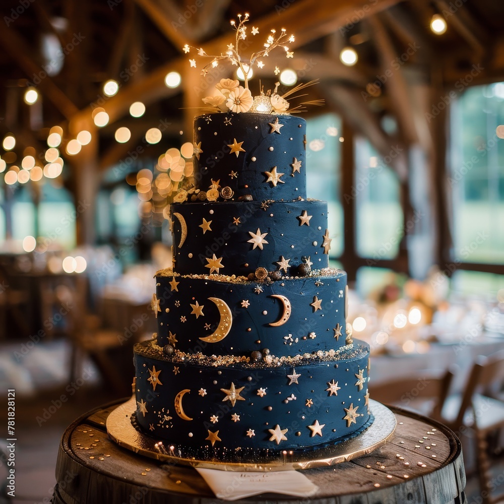 Glamorous, starry night themed cake with deep blue fondant, twinkling ...