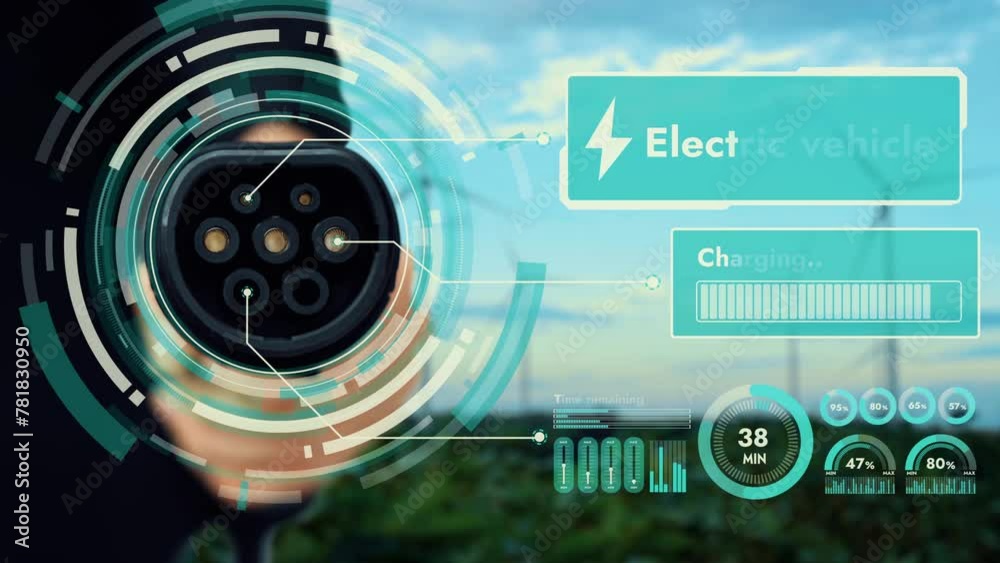 Focus EV charger pointing in front of camera display futuristic smart ...