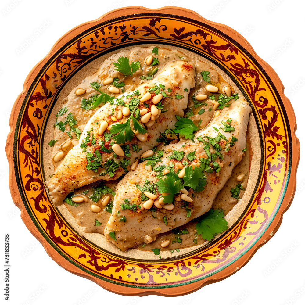 Front view of Samke Harra with Lebanese spicy fish, featuring pan ...