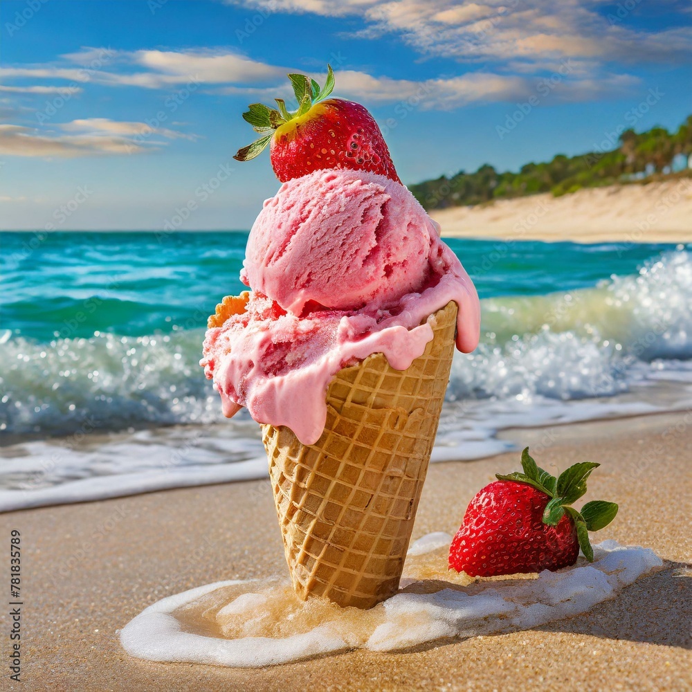 strawberry ice cream on the beach.the beach featuring a scoop of creamy ...