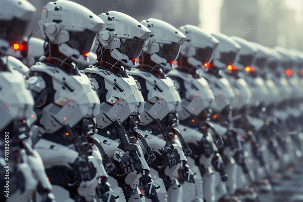 robot army Marching with advanced weapons Ready to protect against ...