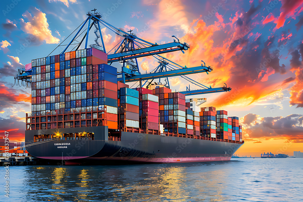 Container ship carrying container boxes import export dock with quay ...