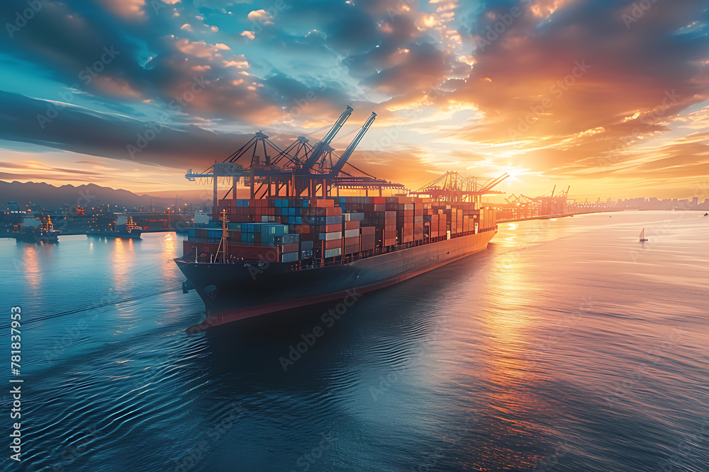 Container ship carrying container boxes import export dock with quay ...