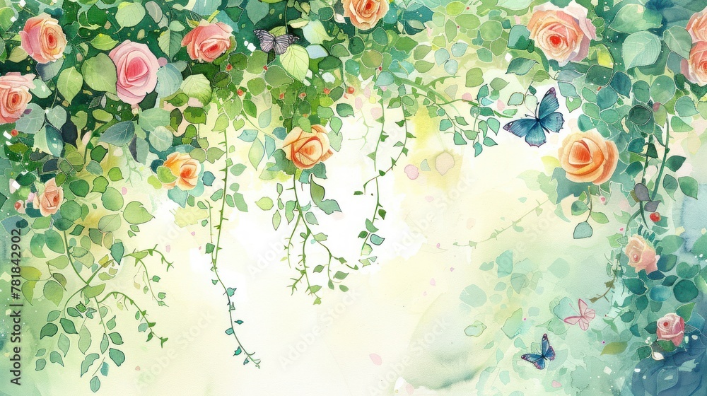 watercolor flower garden scene with cascading vines, blooming roses ...