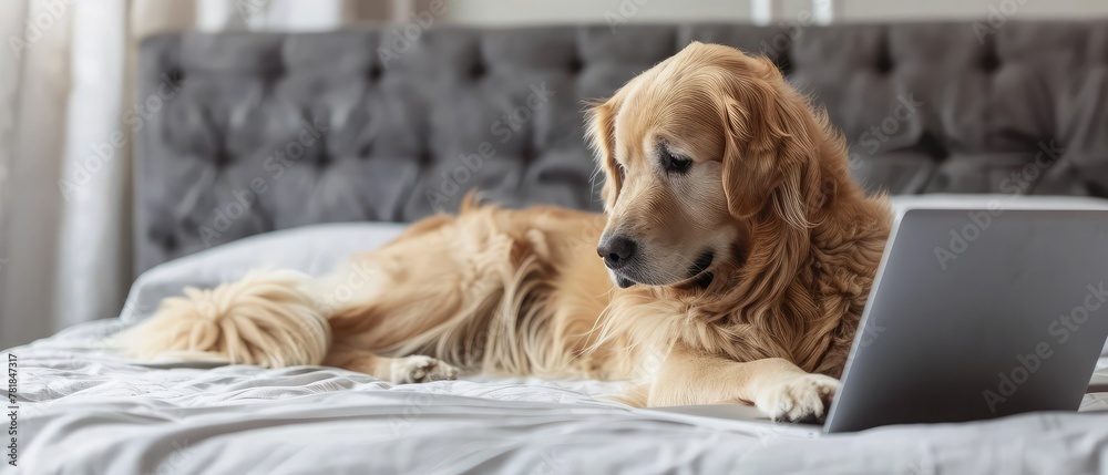 large dog of the golden retriever breed lies at home on the bed and ...