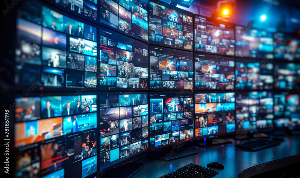 Media Broadcast Control Room with Multiple Screens Displaying Various ...