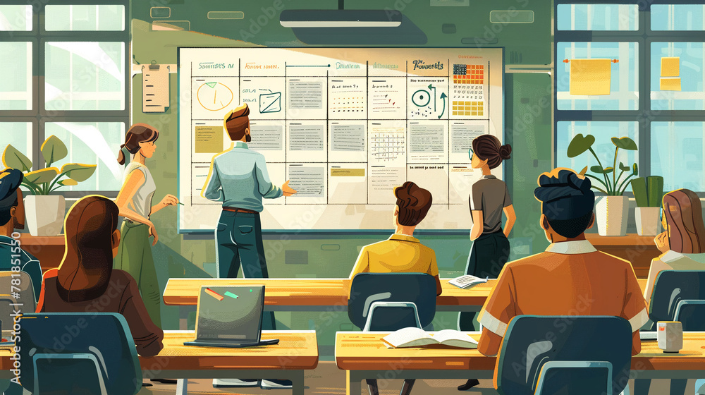 Teachers in a school staff room collaborating around a planning board ...