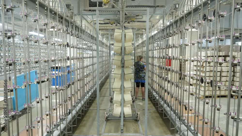 Thread spools hang on metal racks at textile factory, employee attaches ...