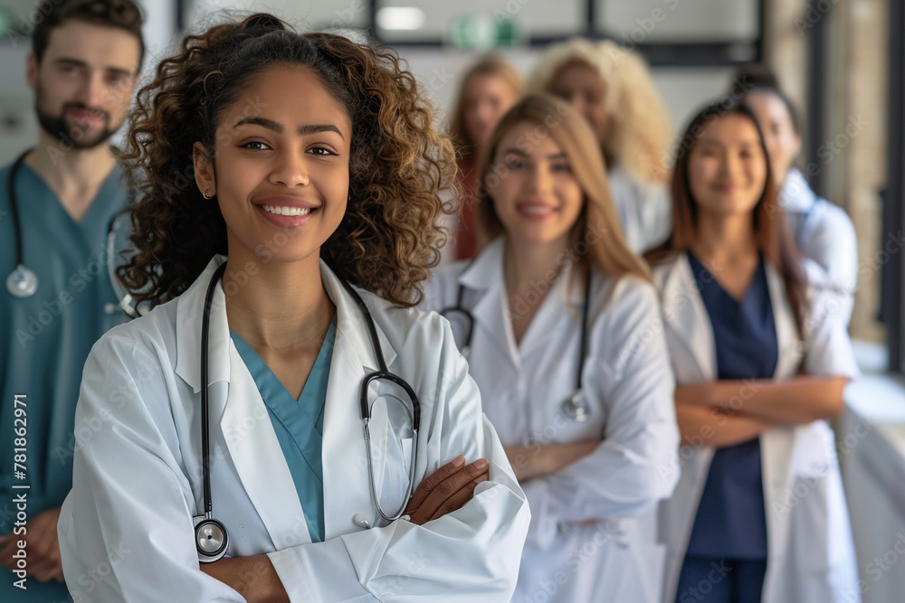 Smiling medical team standing togetherin a hospital, profession, people ...