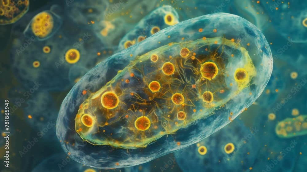 A magnified view of a mitochondrion under a microscope showing its ...