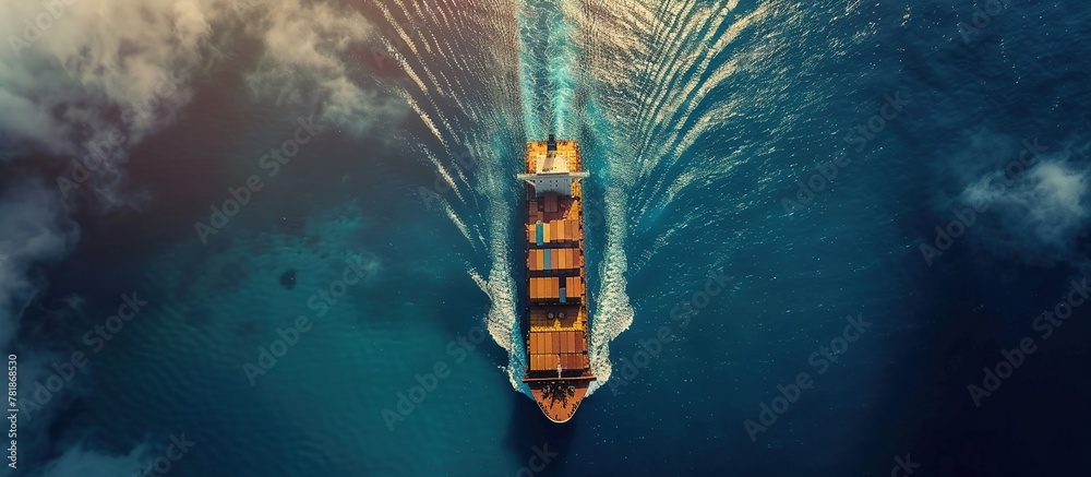 Aerial top view of cargo sea vessel with contrail on sea vessel ...