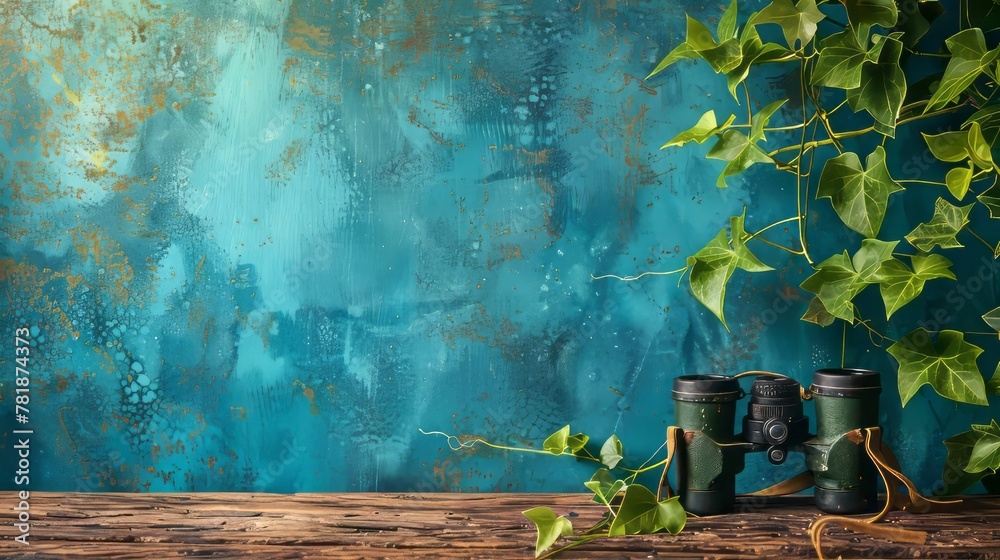 Vintage Binoculars Wooden Table Display, Verdant Foliage Deep Ocean Blue, Adventure-themed Text ...