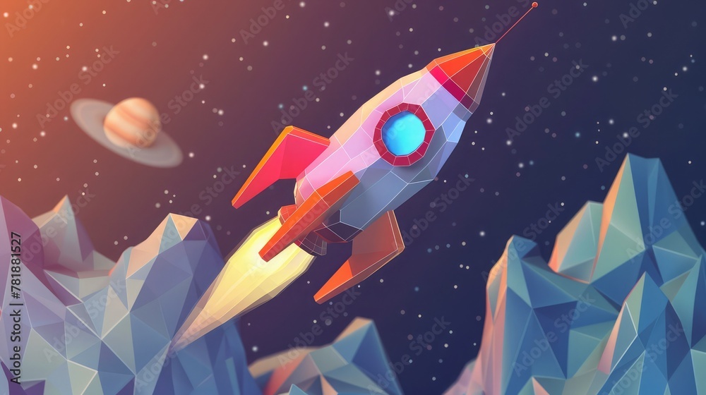 Rocket icon. Rocket website button on low poly background ,cute rocket ...